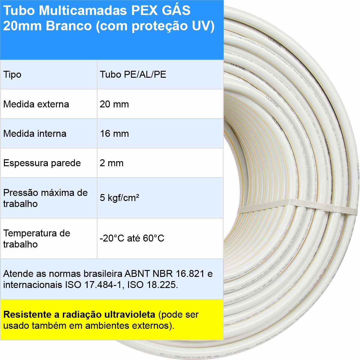 Tubo Multicamadas Pex Gás 20mm Branco (Metro) - Multicamadas - Tubos e ...