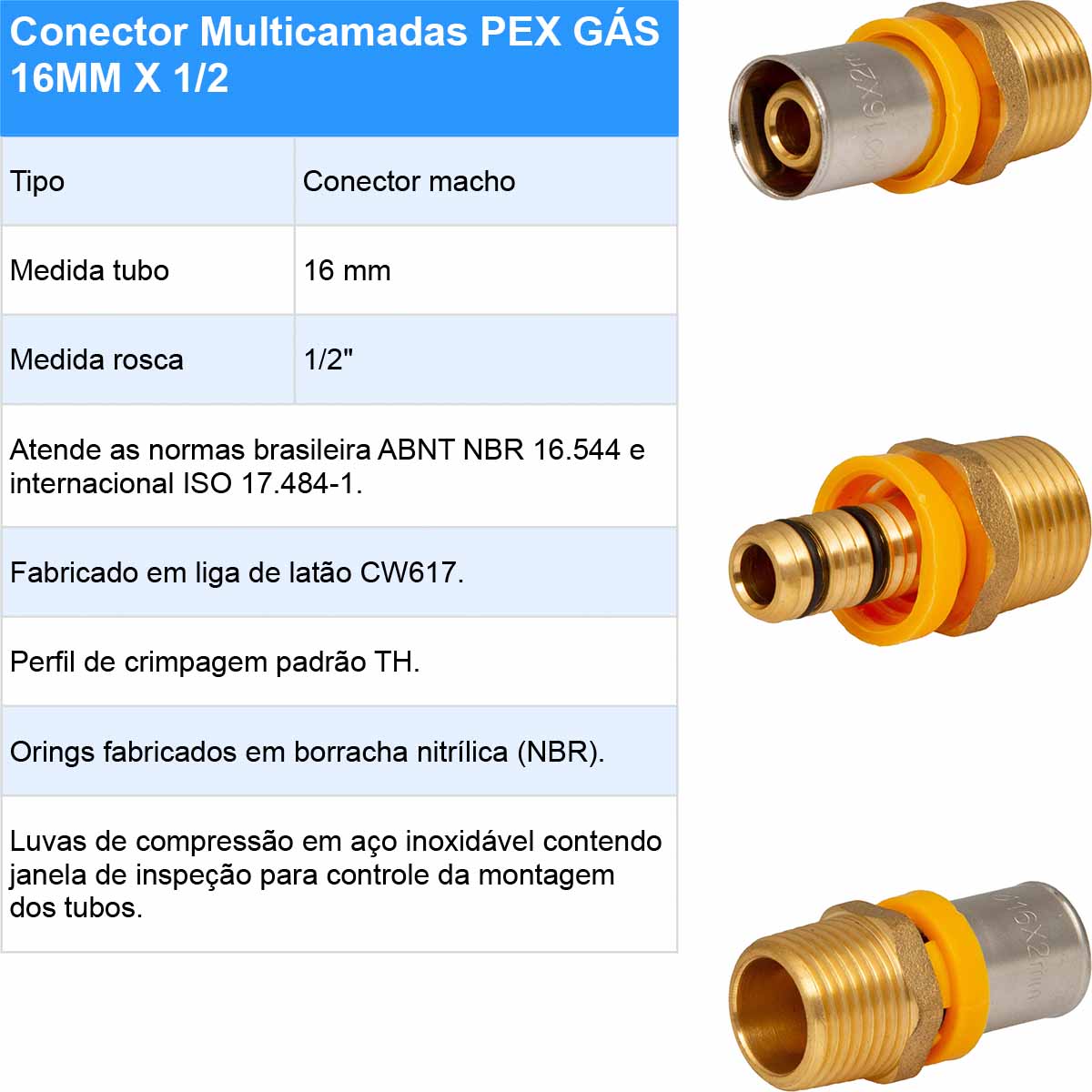 Conector Multicamadas PEX GÁS 16mm x 1/2" (Caixa 10 Unidades ...