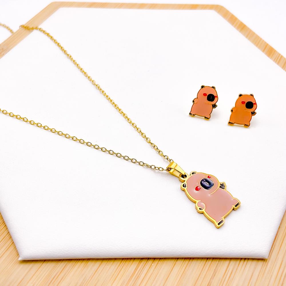CONJUNTO COLAR E BRINCO AÇO INOXIDÁVEL CAPIVARA - DOURADO - RL Bolsas e ...