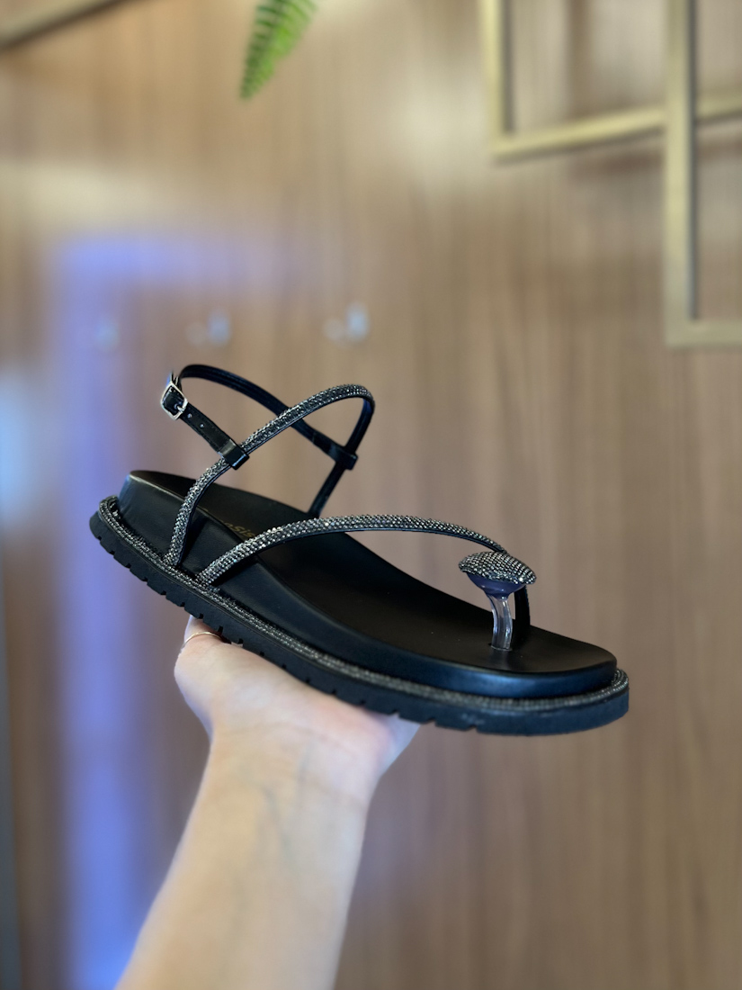 Sandalia Papete Preta Strass - Moda Lensis