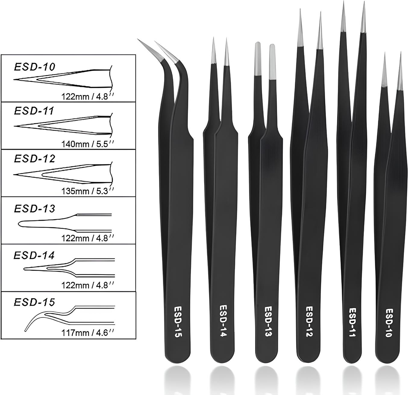 Kit pinças antiestática ESD com 6 itens ESD-10 ao ESD-15 - Eletrônica ...