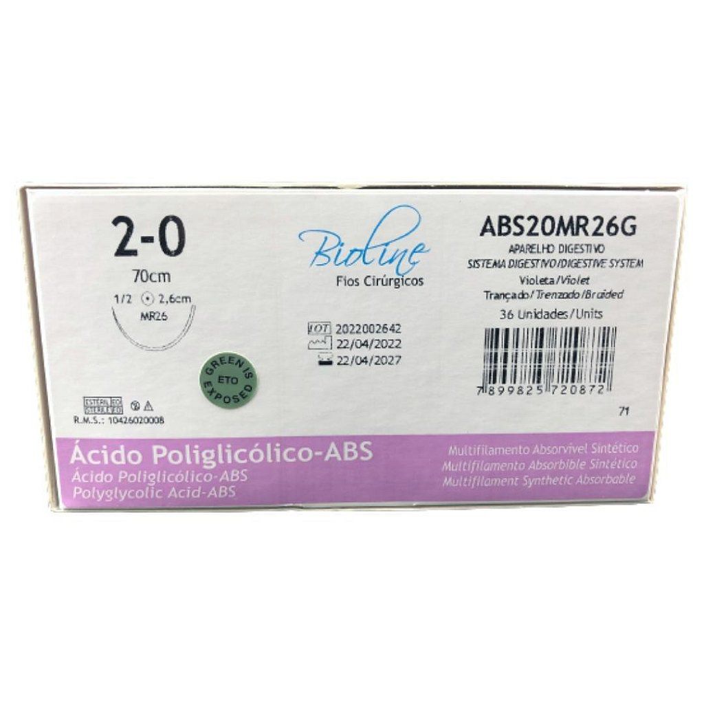 ABS - Fio Ácido Poliglicólico Nº 2-0 70 cm 1/2 R 2,6 cm Unitário - Bioline - Kajavet Farmácia ...