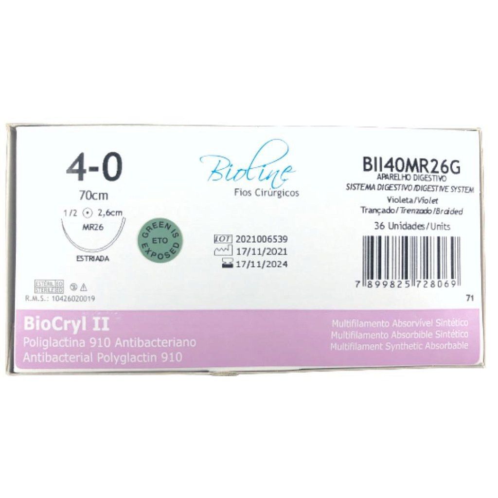 BII - Fio BioCryl II Nº 4-0 70 cm 1/2 R 2,6 cm Unitário - Bioline ...