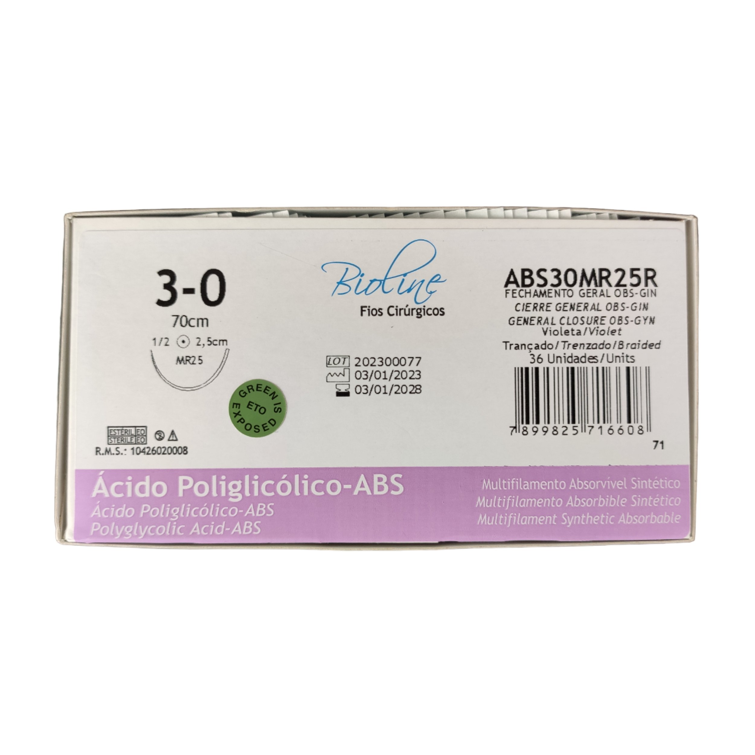 ABS - Fio Ácido Poliglicólico Nº 3-0 70 cm 1/2 R 2,5 cm Caixa Com 36 ...