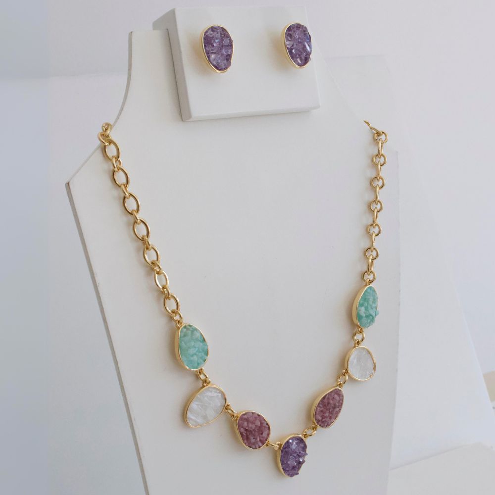 Conjunto Colar e Brinco Glam Vivaz com Pedra Natural - Jaya