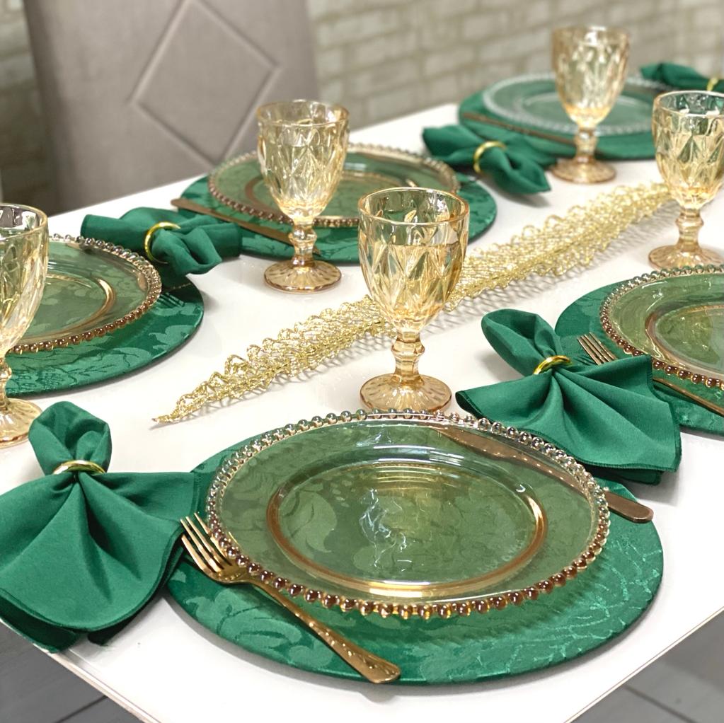 Kit Sousplat Completo Mesa Posta Verde Esmeralda Escuro Jacquard com ...