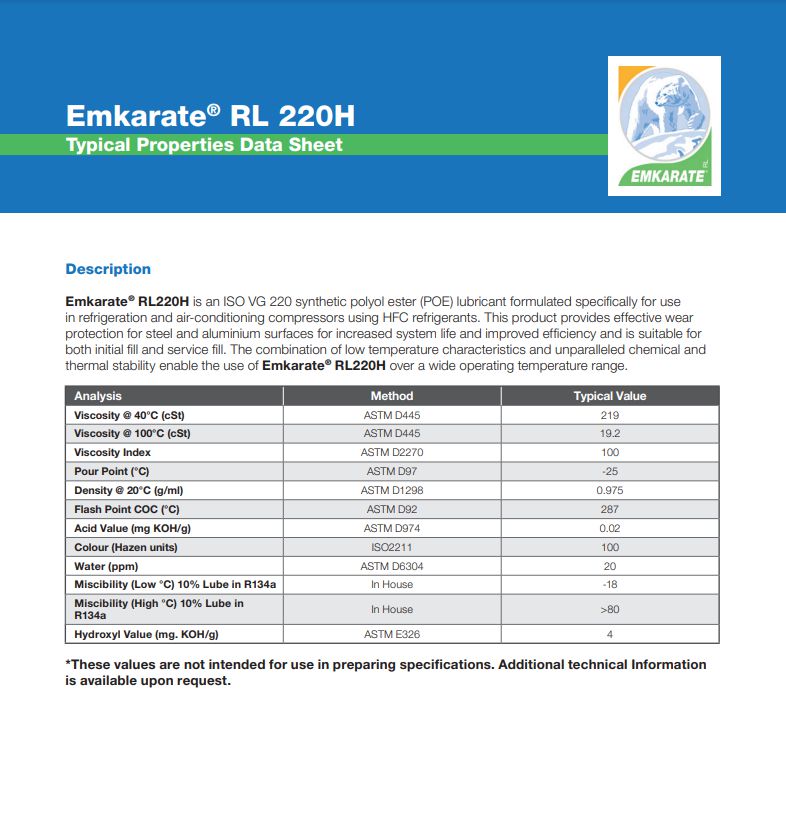 Óleo Emkarate RL 220H Lubrificante sintético Poliolester (POE ...