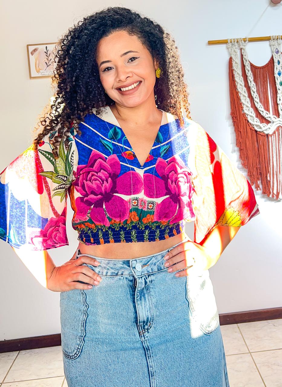 CROPPED LÍDIA - BOHO - COLORIDO -VISCOSE PRÉ LAVADO - Harmonize-se Modas