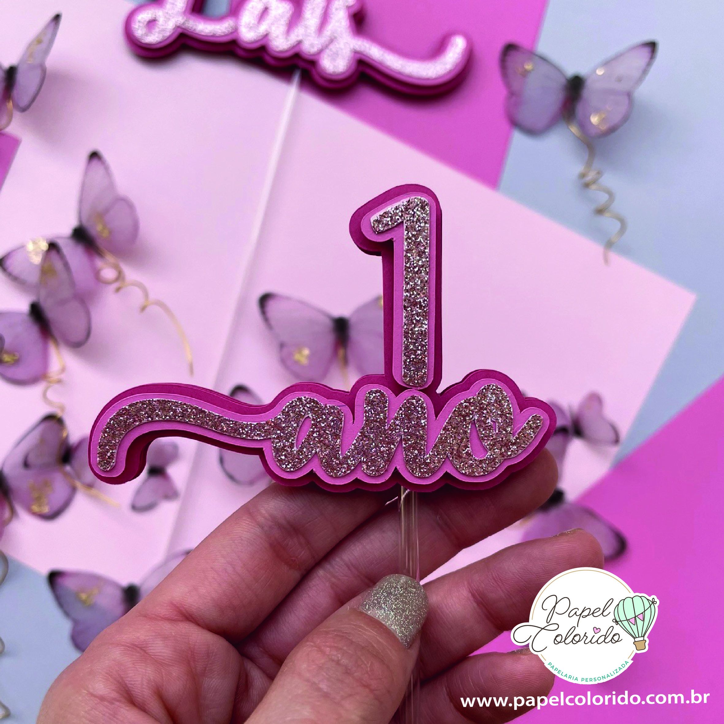 Topo de Bolo: Borboletas transparentes na cor rosa - Papel Colorido