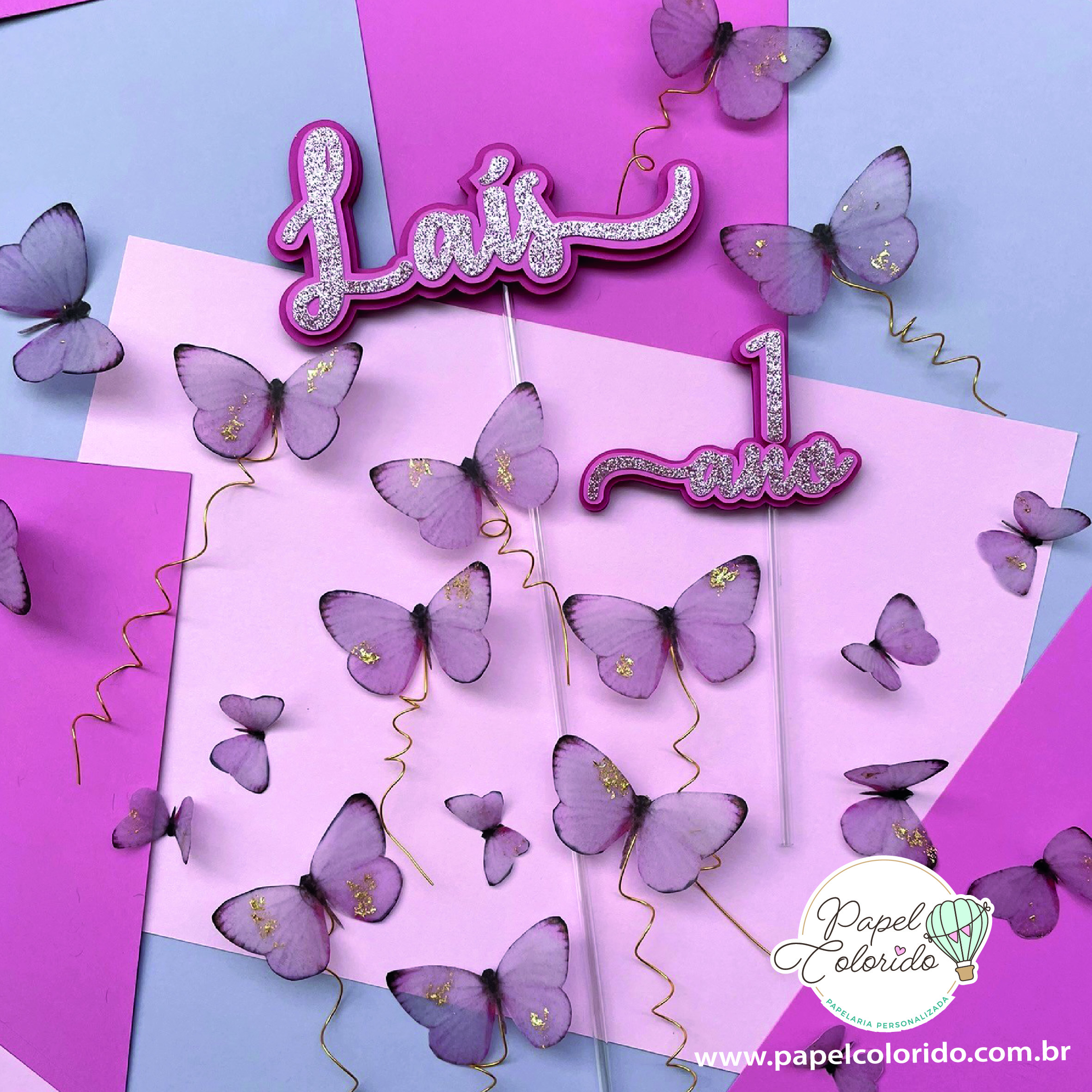 Topo de Bolo: Borboletas transparentes na cor rosa - Papel Colorido