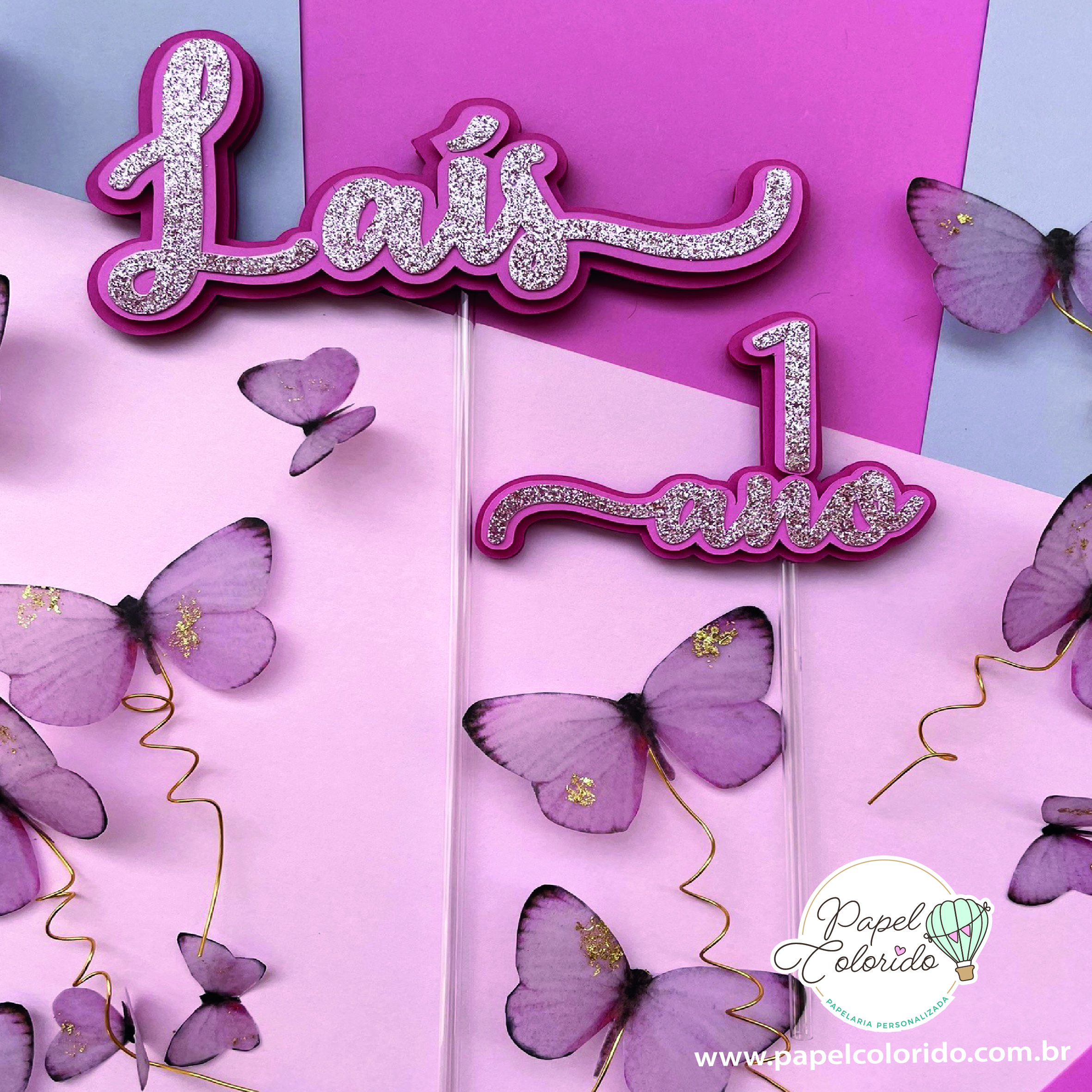 Topo de Bolo: Borboletas transparentes na cor rosa - Papel Colorido