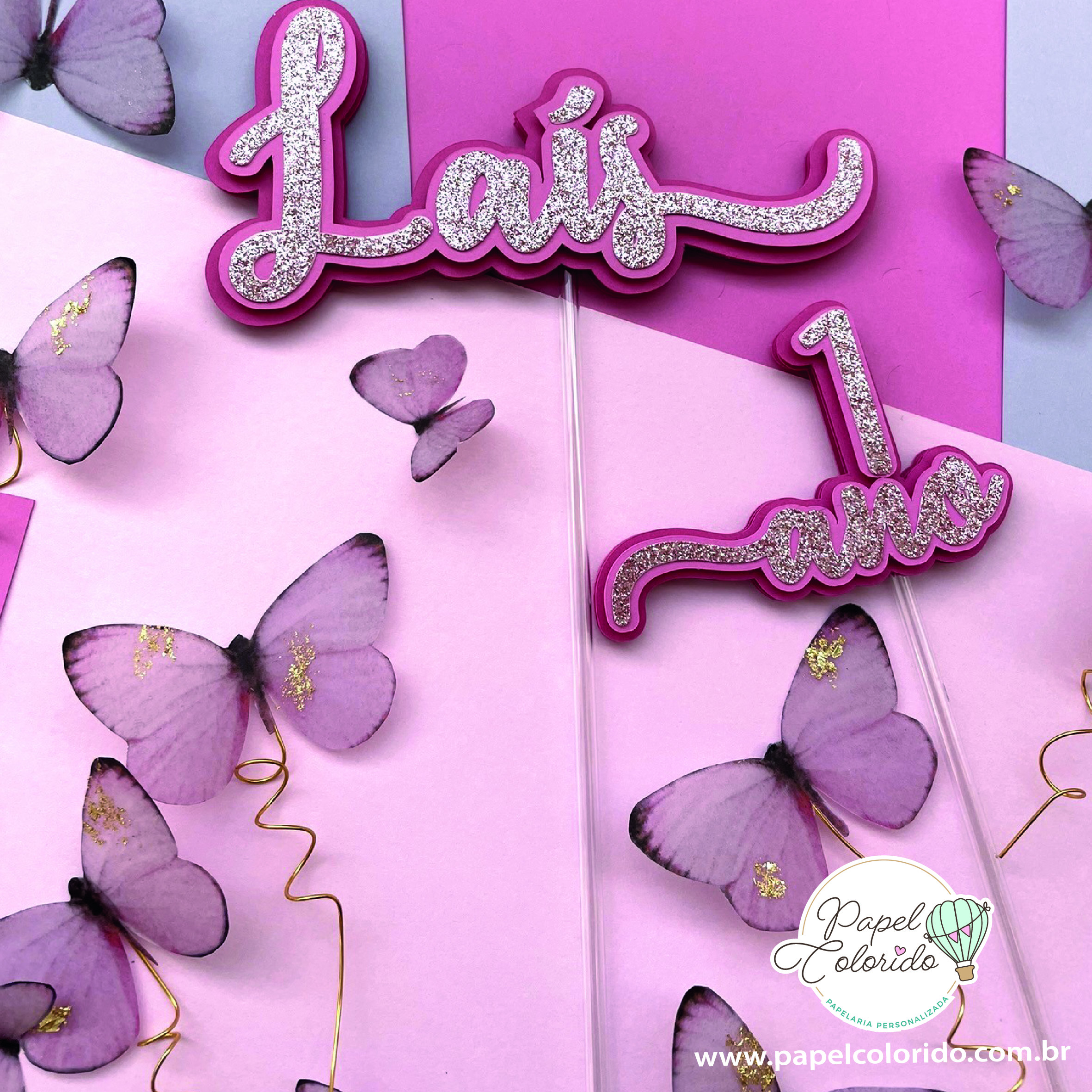 Topo de Bolo: Borboletas transparentes na cor rosa - Papel Colorido