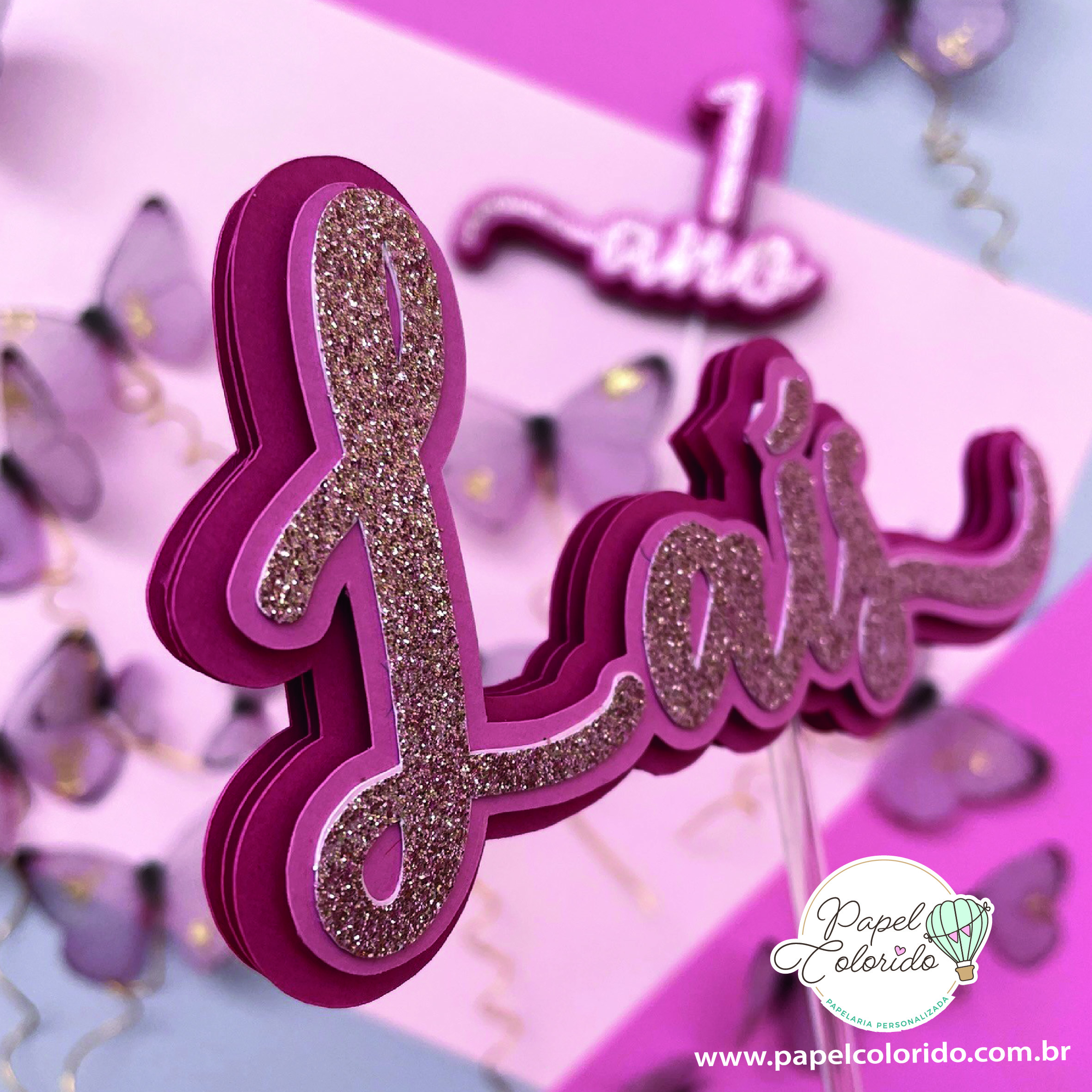 Topo de Bolo: Borboletas transparentes na cor rosa - Papel Colorido