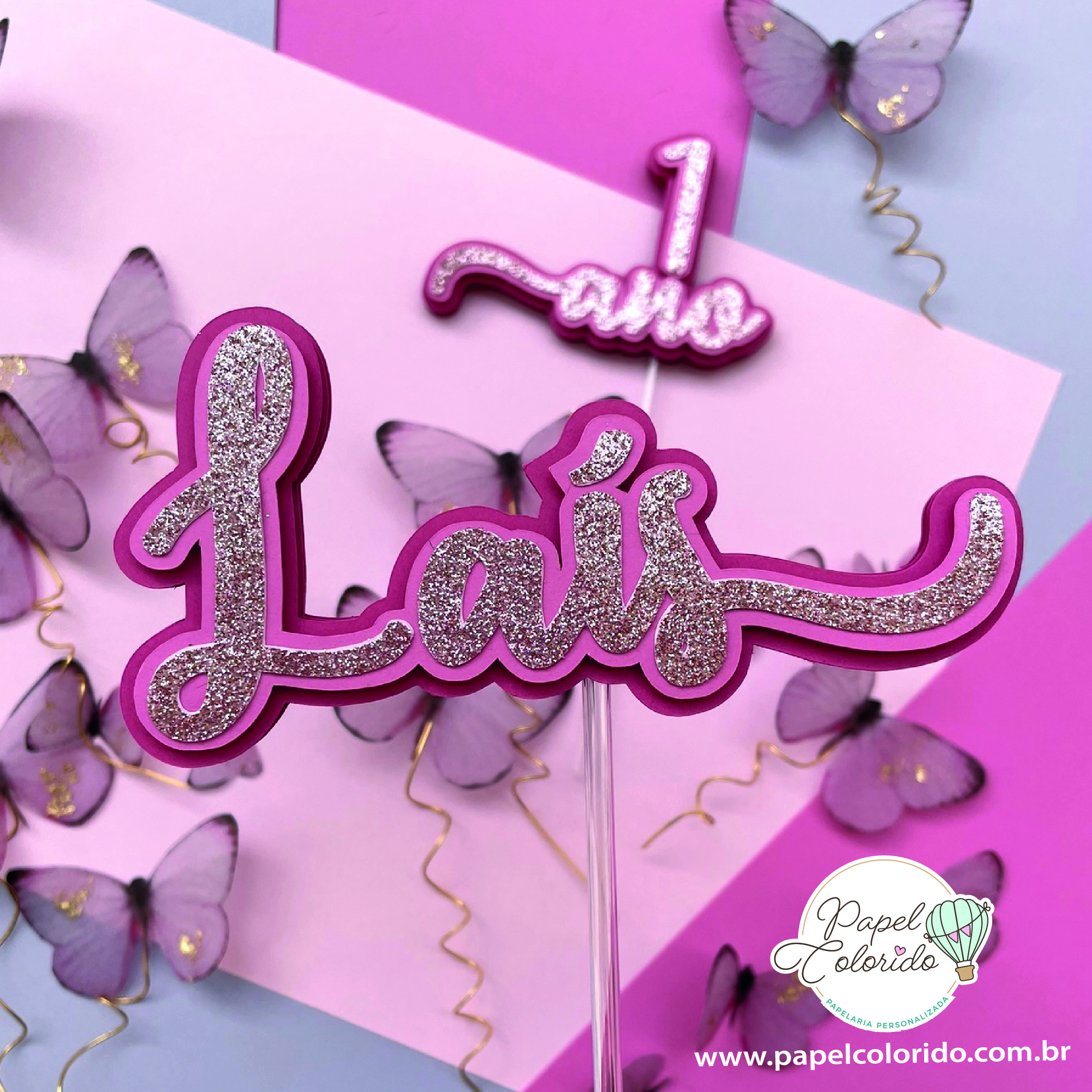 Topo de Bolo: Borboletas transparentes na cor rosa - Papel Colorido