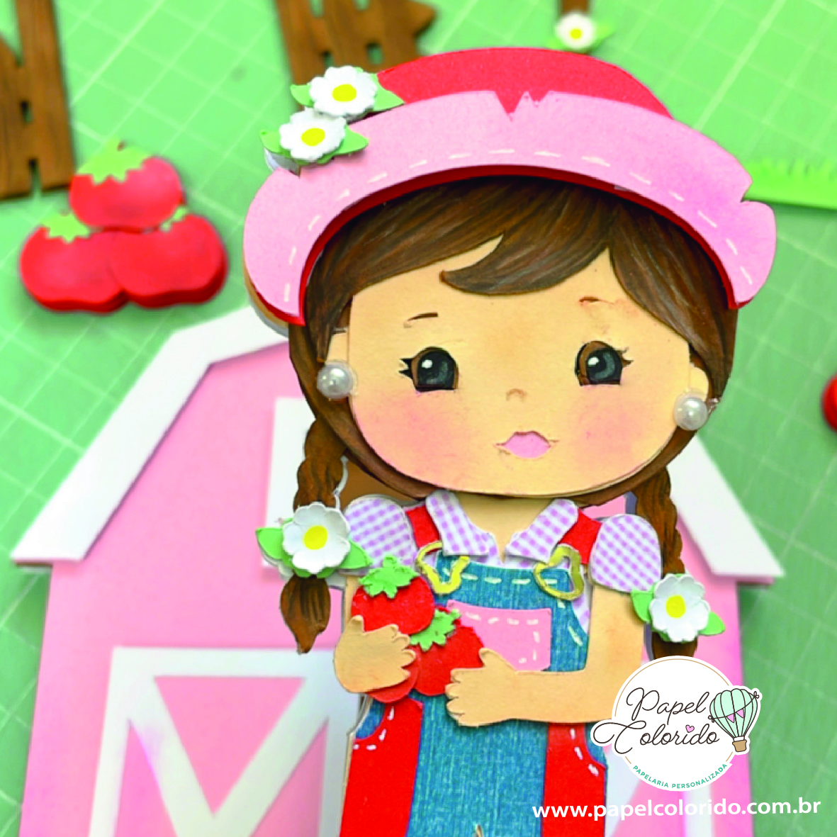 Topo de Bolo: Fazendinha Menina, fazendeira do tomate - Papel Colorido