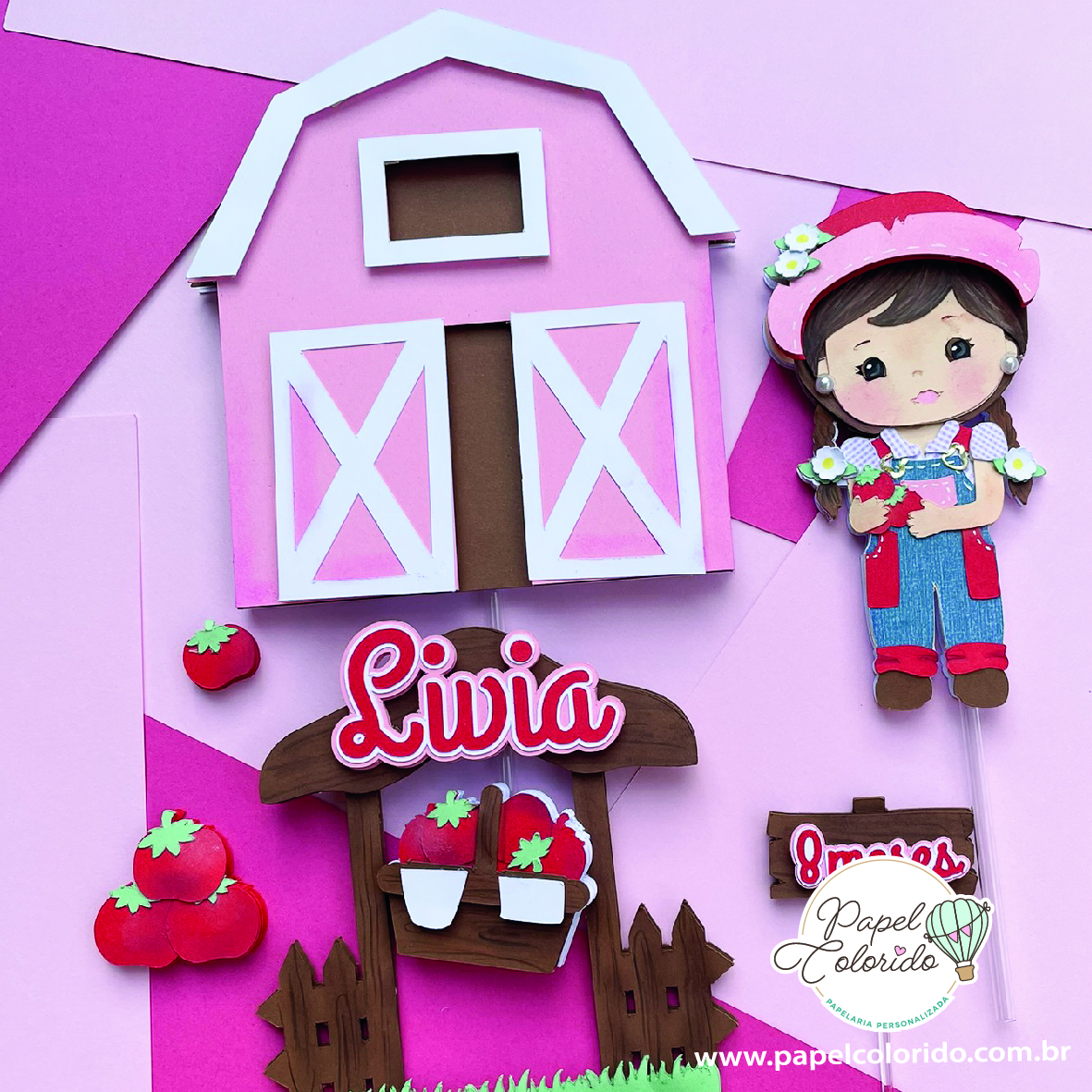 Topo de Bolo: Fazendinha Menina, fazendeira do tomate - Papel Colorido