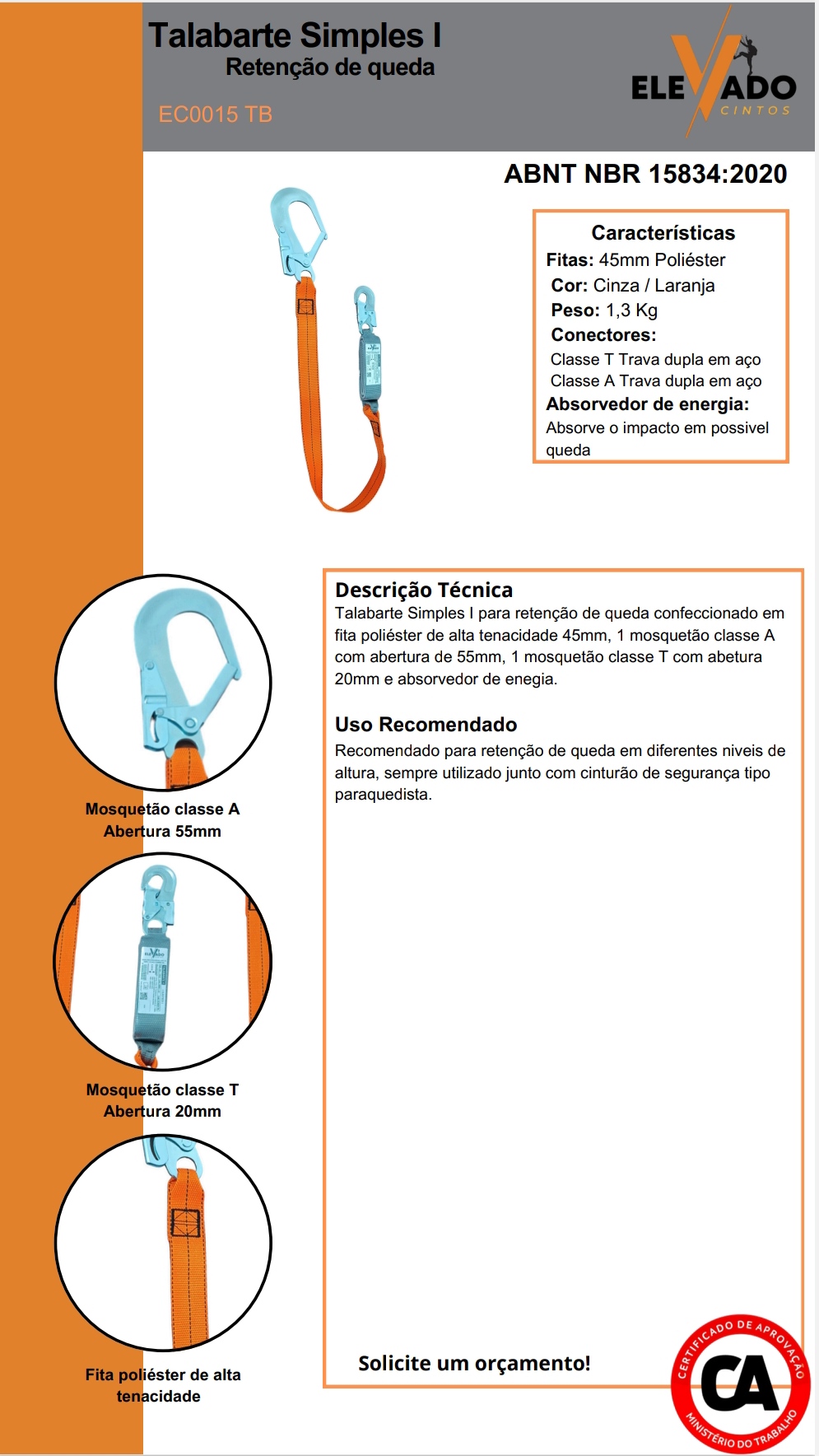 Talabarte Simples I para retenção de queda, com absorvedor de energia ...