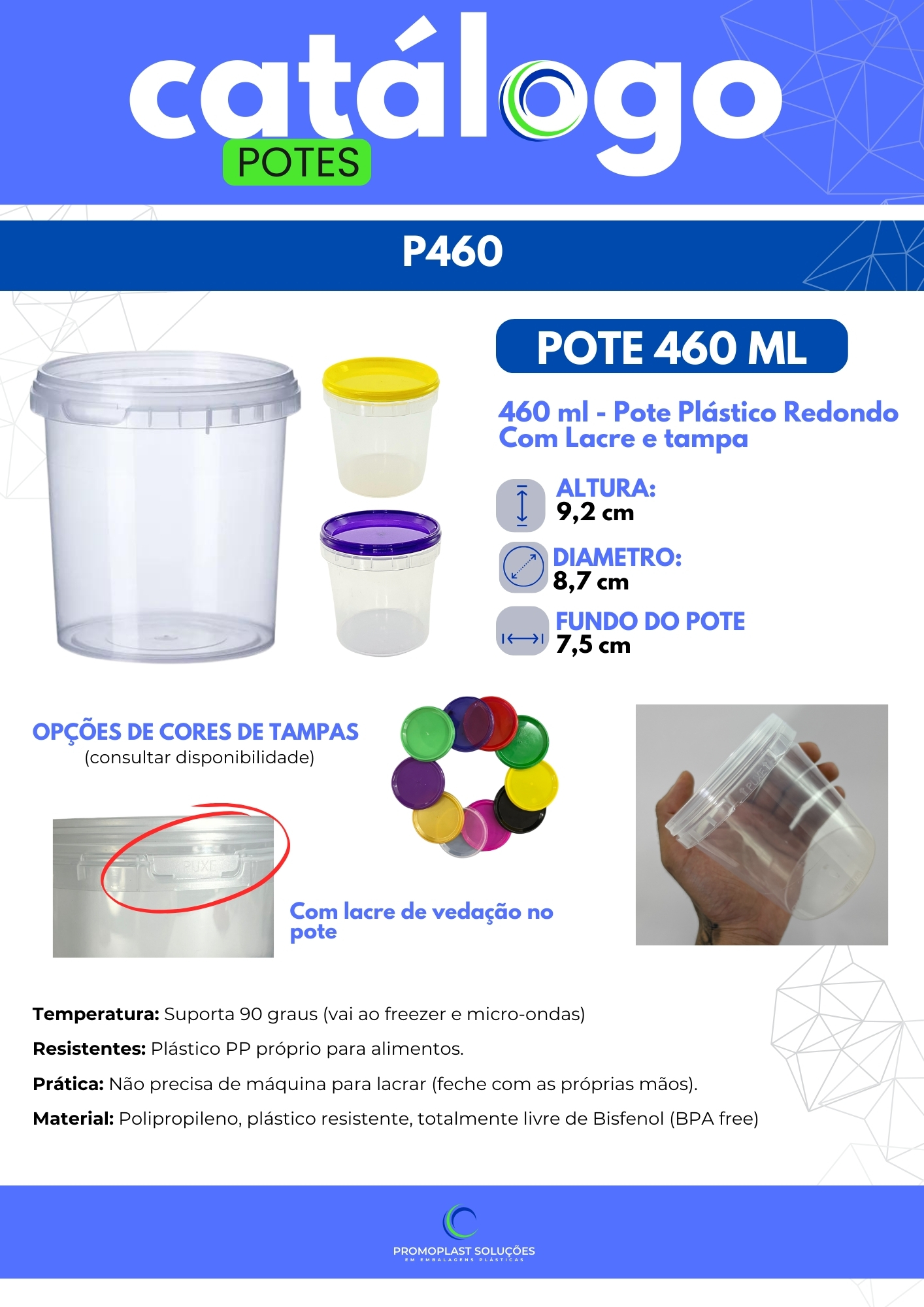 P460 - Pote Plástico Redondo Com Lacre 460 ml - 50 Unidades (Tampas ...