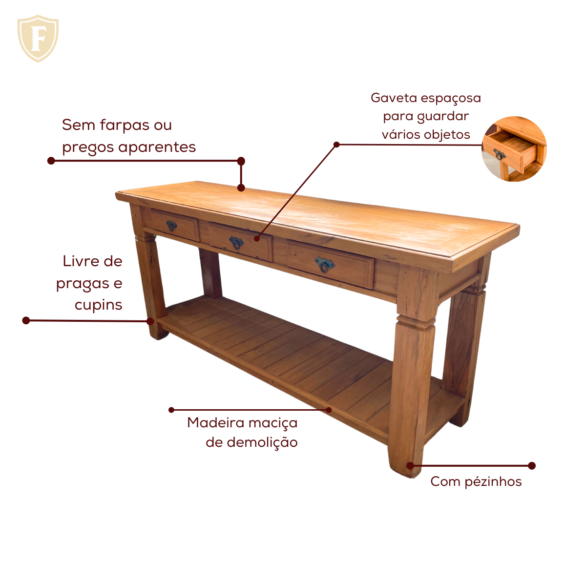 Aparador Rústico Mineiro com 3 Gavetas em Madeira Maciça - Fortaleza ...