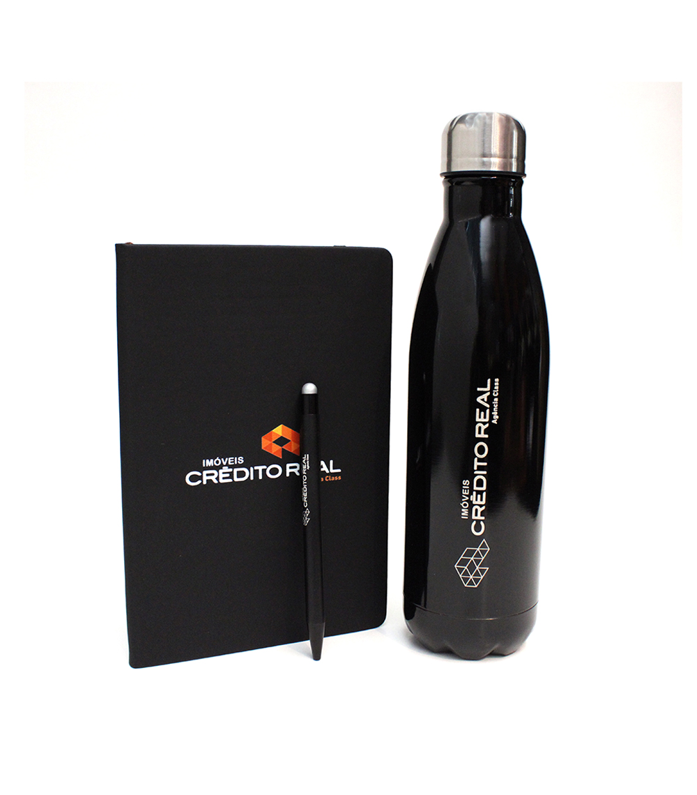 Kit Garrafa Inox com Bloco e Caneta | Brinde Corporativo - Fagulha Brindes