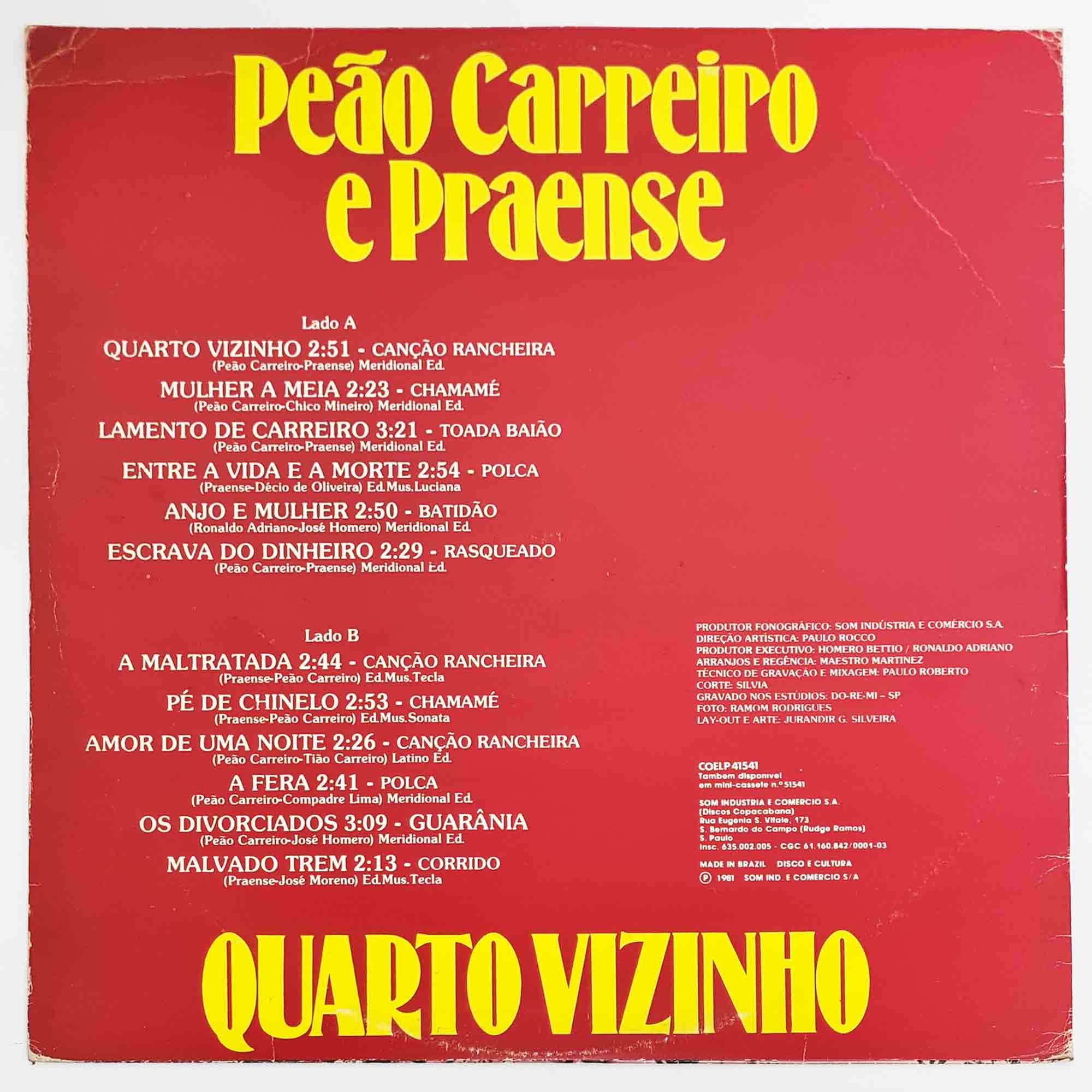 LP Peão Carreiro e Praense - Quarto Vizinho Vinil 1981 - Hm - Sua loja ...