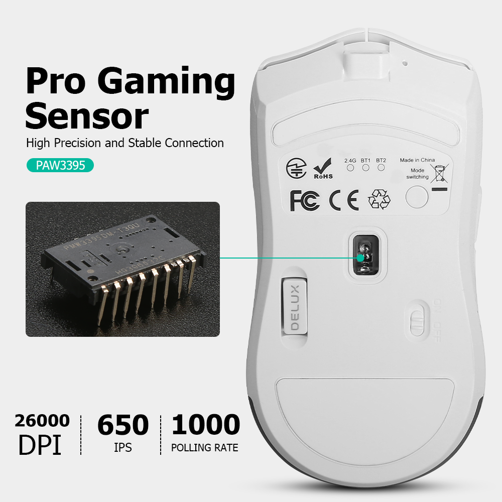 Mouse Gamer Delux M800 Branco – Sem Fio e Com Fio, Sensor PAW3395, RGB, Ergonômico, Recarregável ...