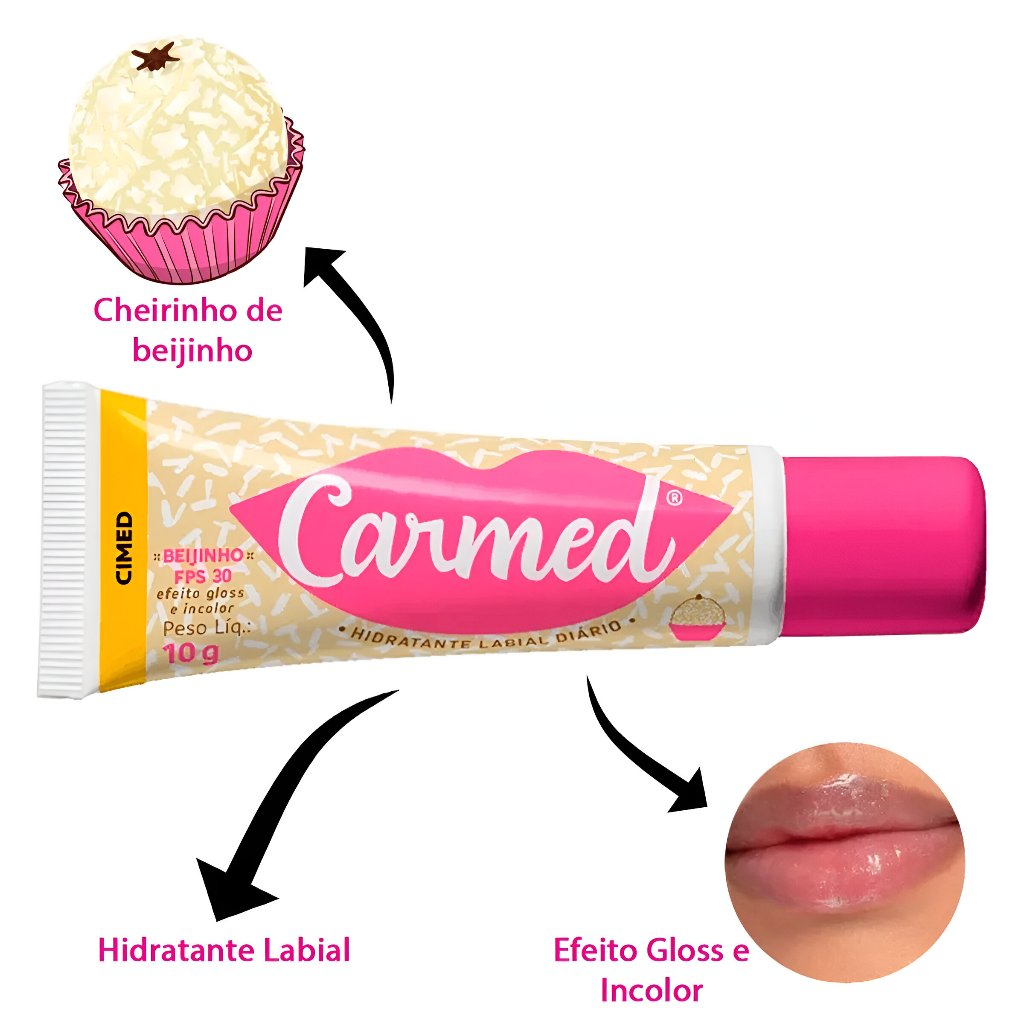 Carmed Hidratante Labial FPS 30 Efeito Gloss e Incolor Beijinho 10g - Amoretta Cosméticos