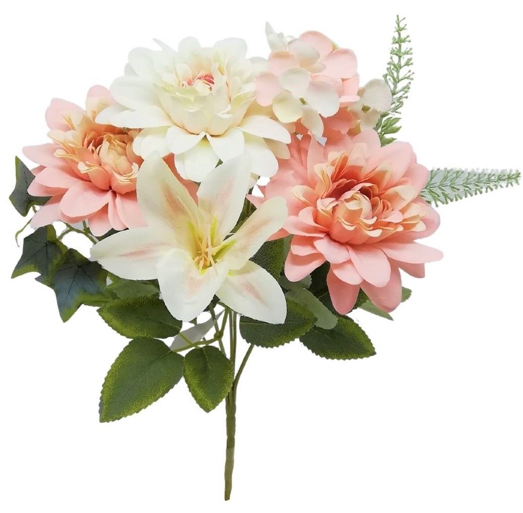 BUQUE FLOR ARTIFICIAL DALIA LIRIO HORTENSIA CREME E ROSA MISTO LUXO ...