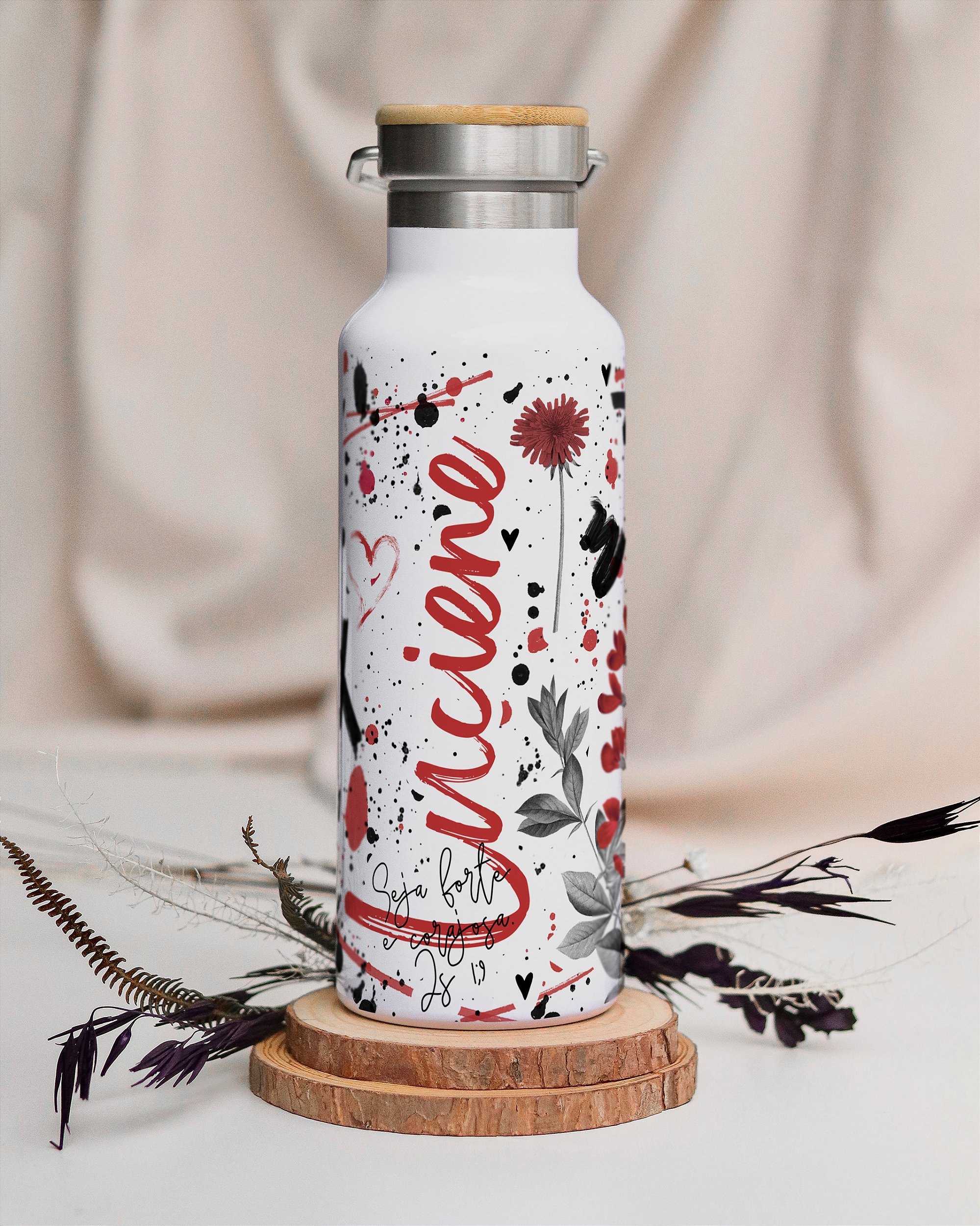 Garrafa térmica floral aquarela com tampa de bambu personalizada - Aqui ...