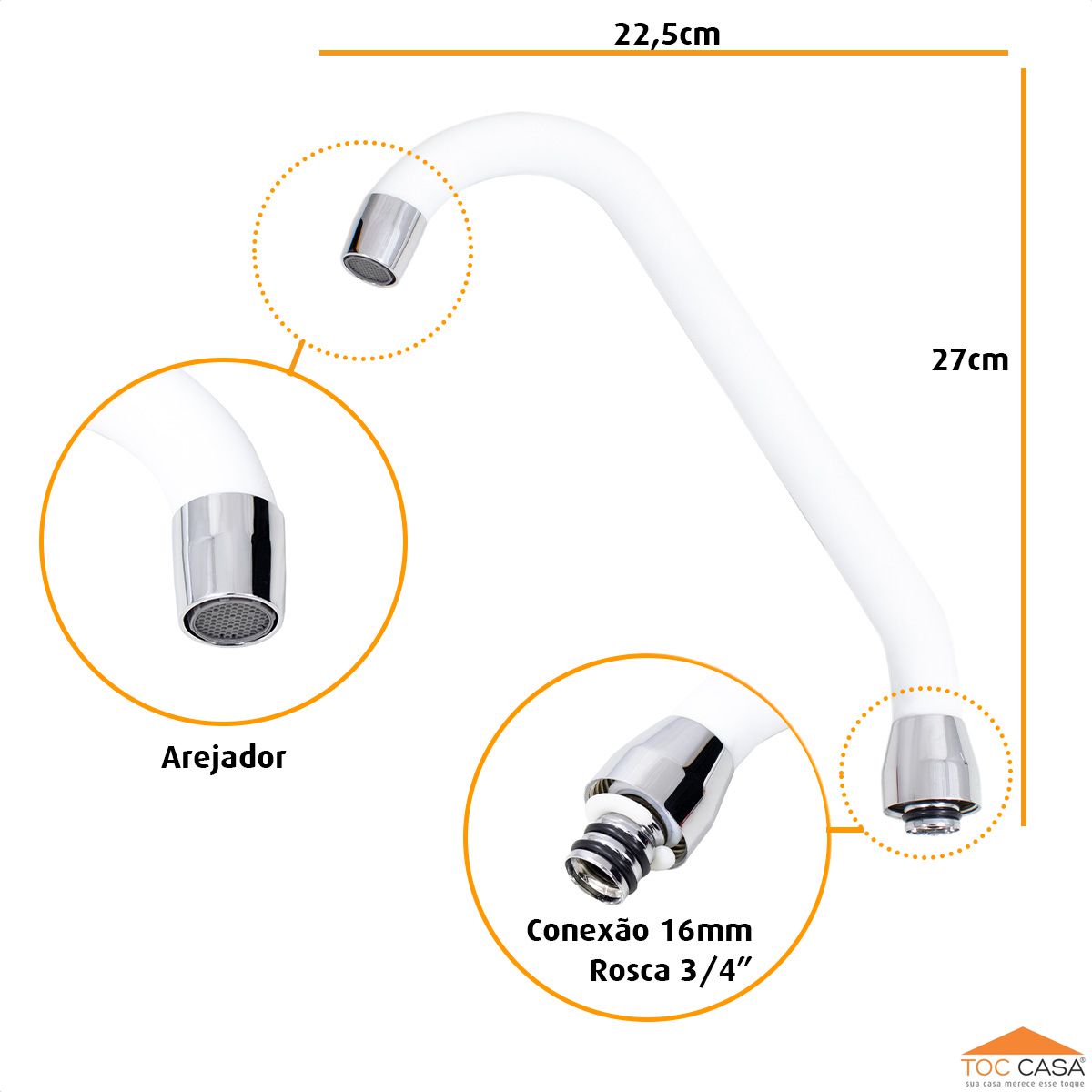 Tubo J Silicone Branco Arejador Fixo Latão Cromado - Toc Casa