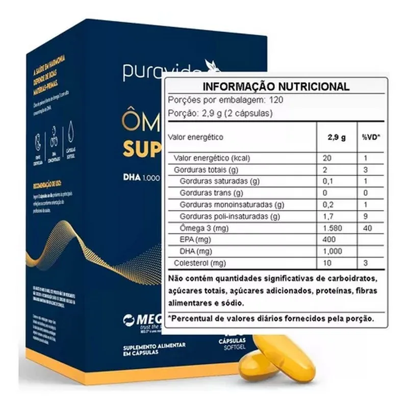 Ômega 3 Super DHA, 120 Cápsulas Softgel, DHA Concentrado + 1580mg - Virtue Store