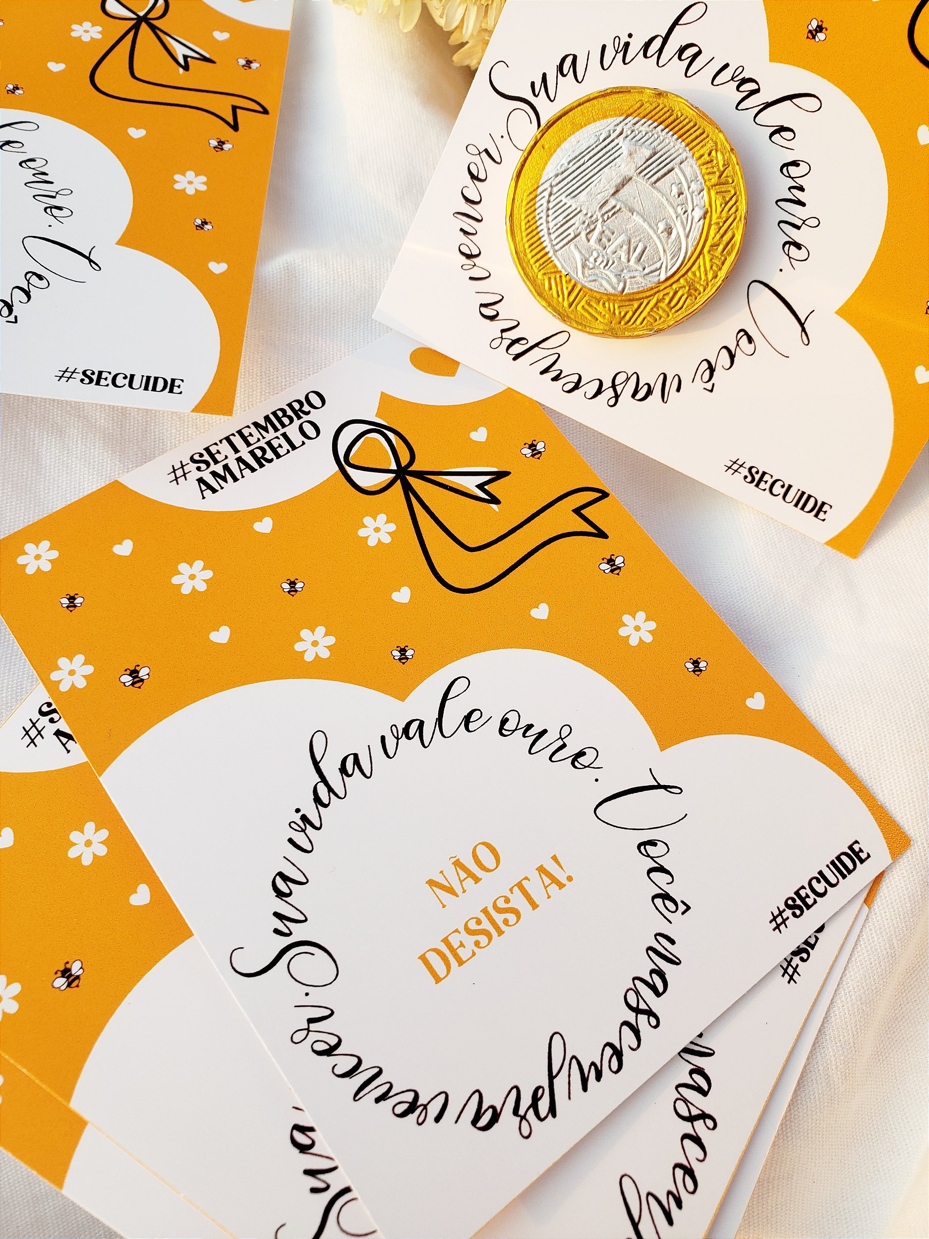36 Cards + Moeda de Chocolate - Setembro Amarelo - Andy Almeida Designer