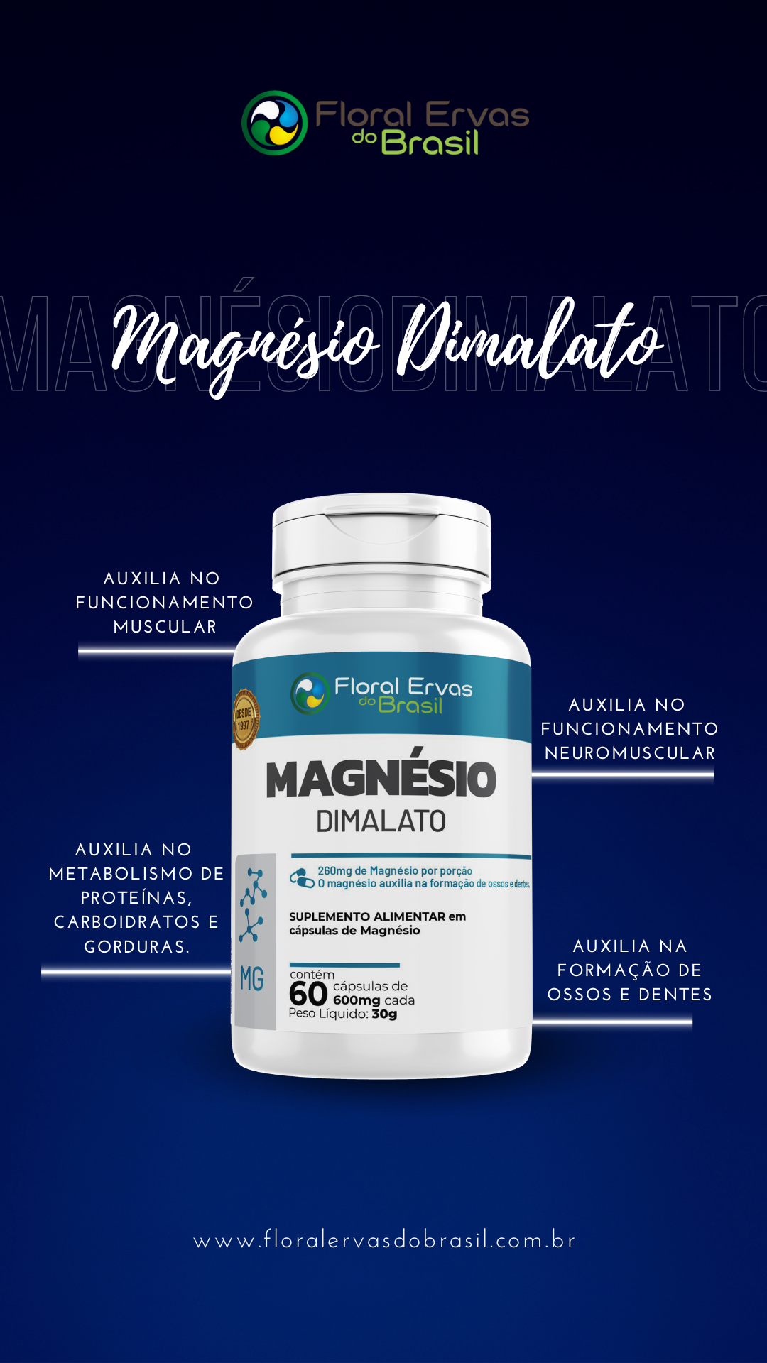 Magnésio Dimalato 600 mg 120 Cápsulas Floral Ervas - Empório Fortunata - Ecommerce de ...