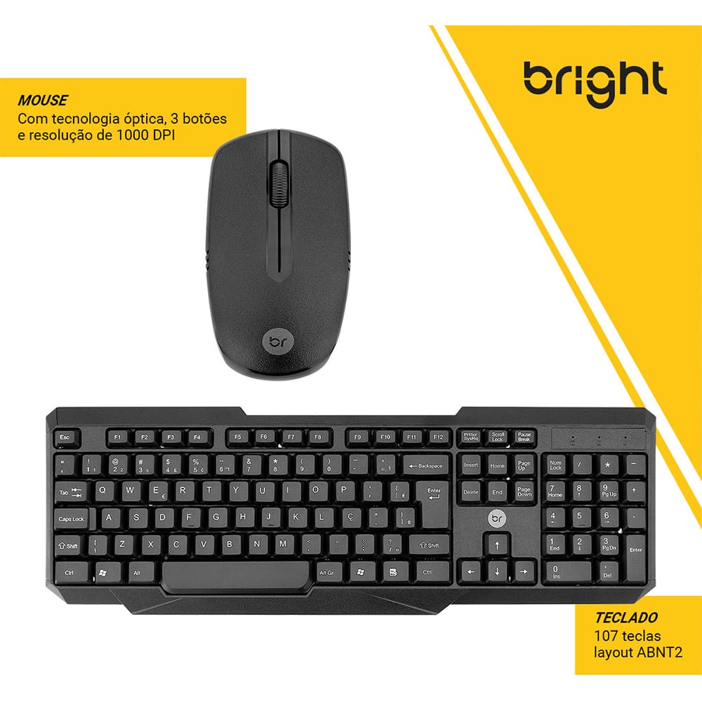 Kit Teclado e Mouse Sem Fio Bright Robusto E Resistente 0055 - Digimer