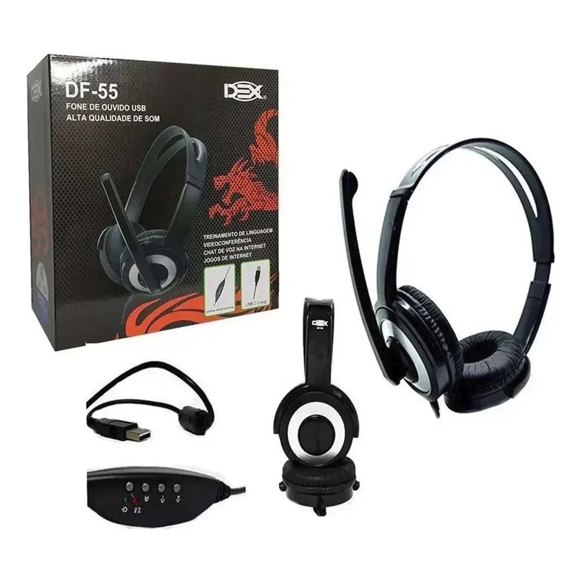 Kit 10 Fone De Ouvido Usb Headset Microfone Df-55 Com Volume - Digimer