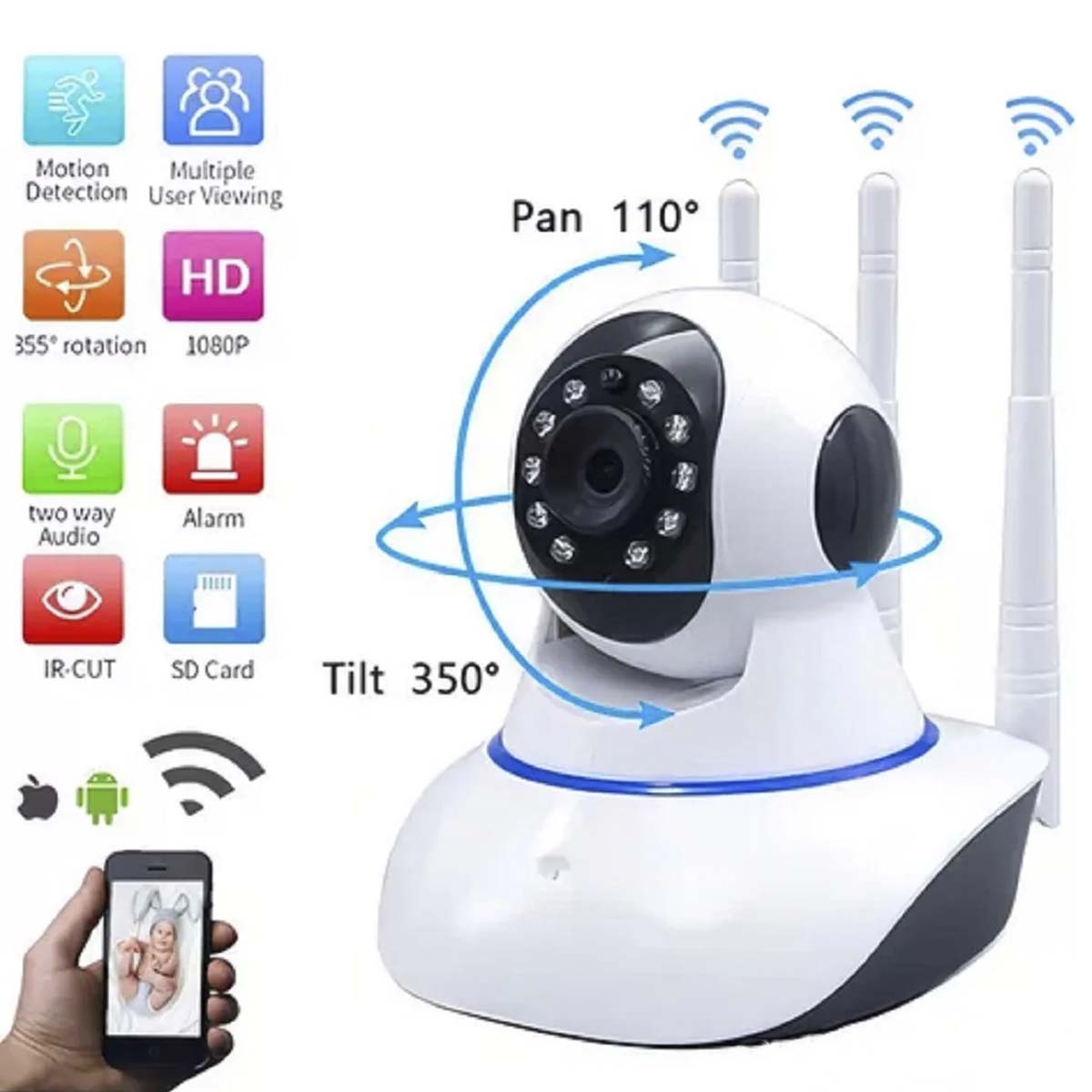 Camera Ip Wifi 3 Antenas App Yoosee Onvif Full Hd P2p 360º - Digimer