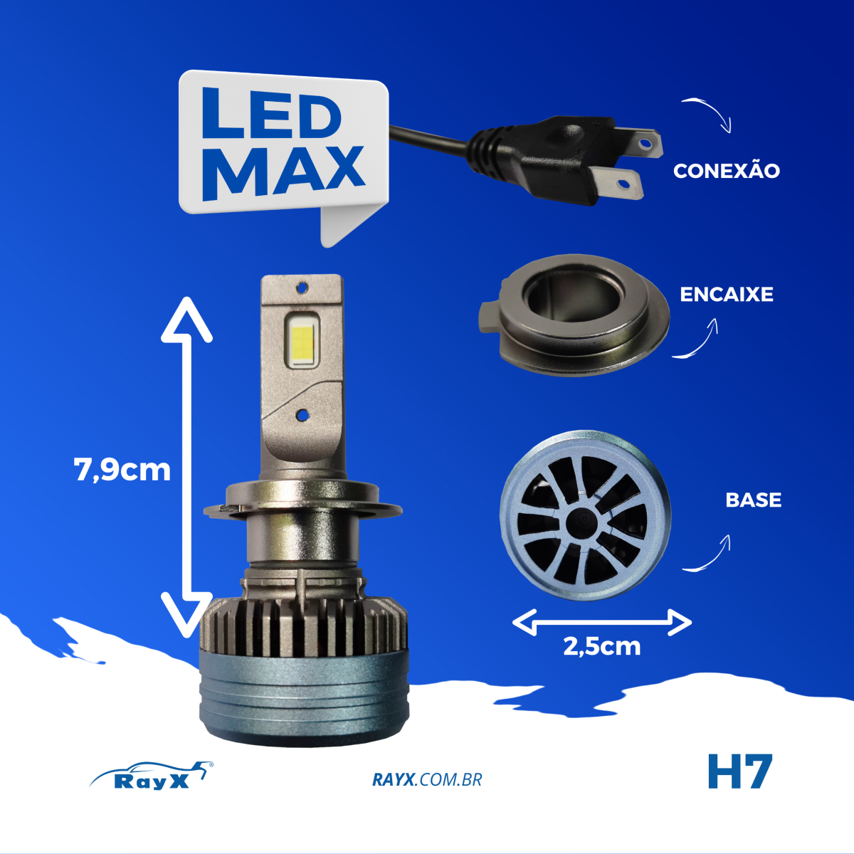 RAYX LED MAX H7 6000K 9-36V 7500LM - Four Leds Lampadas Automotivas