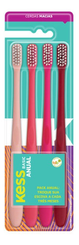 Escova Dental Kess Basic Anual Pack C/ 4 Unidade - Rosa - Sorriso Mania