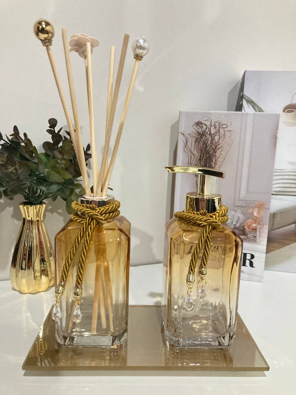 Kit Difusor e Saboneteira com Bandeja Lapidus Dourado Degradê - KRC HOME DECOR