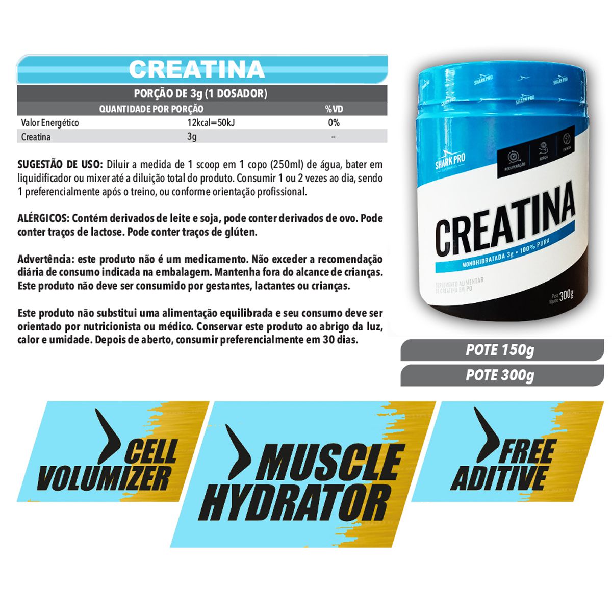 Creatina Pura 300g 100% Monohidratada - Shark Pro - ARS Suplementos