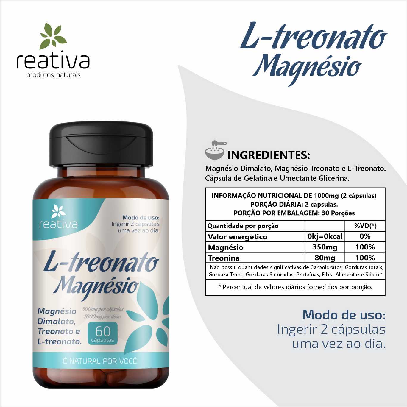 SUPLEMENTO DE MAGNÉSIO L-TREONATO QUELATO DIMALATO REATIVA 500MG 60 CAPSULAS - Batel