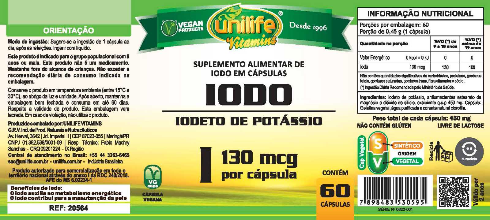 IODO IODETO DE POTASSIO UNILIFE 450MG 60 CAPSULAS - Batel