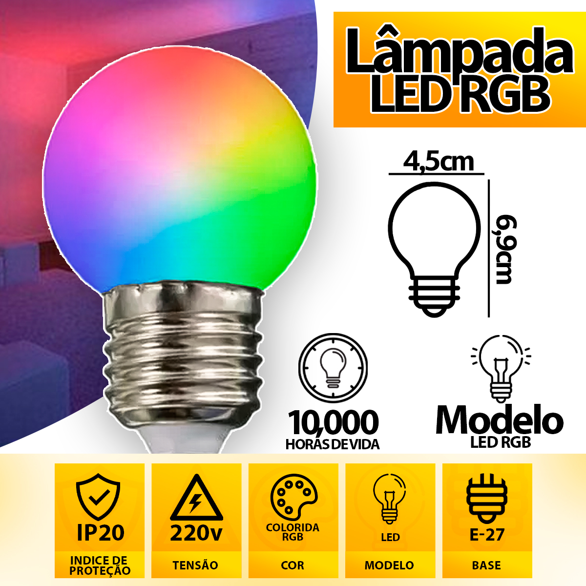 Kit 35 Lâmpadas LED RGB | Bolinha 2w | E27 - JDK