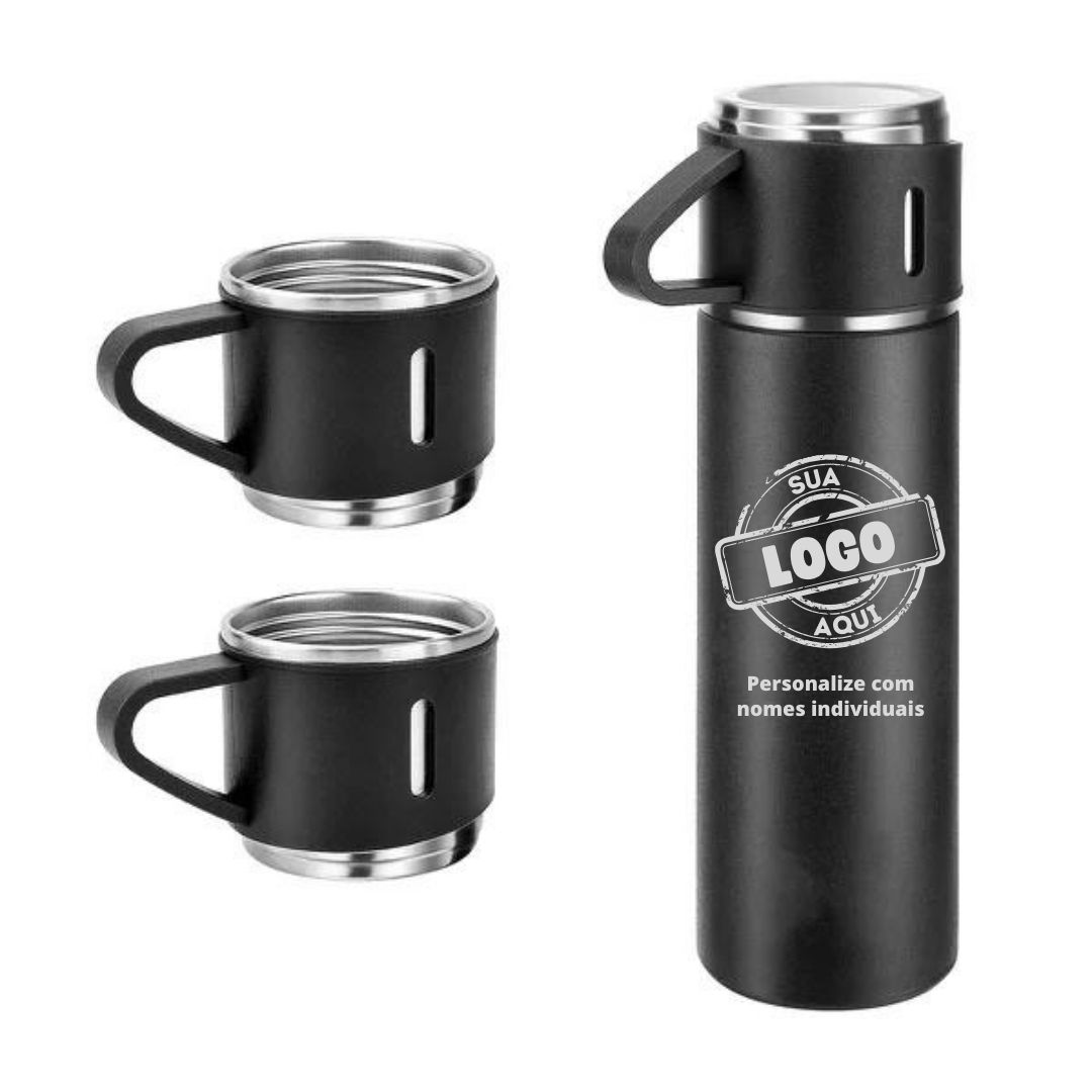 Garrafa Térmica a Vácuo Inox Kit 3 Xícaras de 500ml Personalizada - Cor Preta - S & R Personalizados