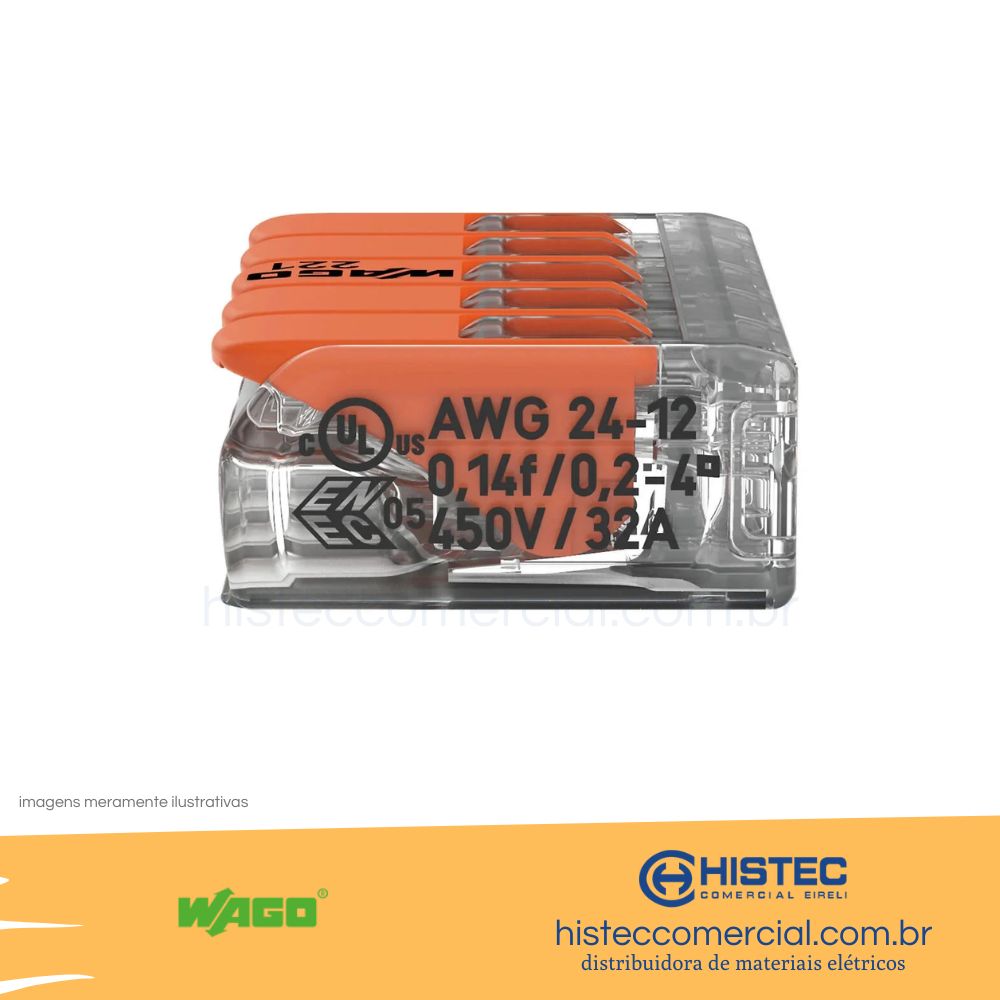 CONECTOR EMENDA WAGO 221-415 5P 0,5~4mm2 32A FLEX RIG - Histec Comercial Materiais Elétricos