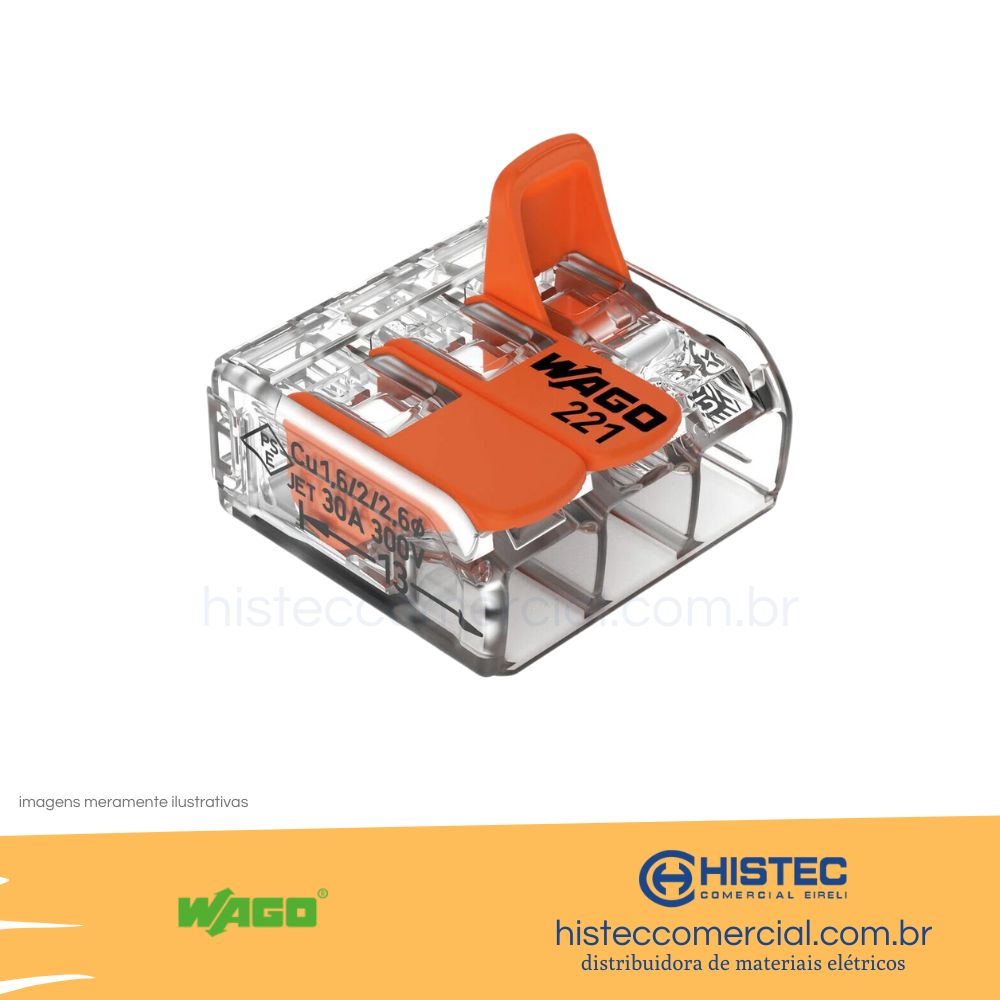 CONECTOR EMENDA WAGO 221-613 3P 0,5~6mm2 41A FLEX RIG - Histec Comercial Materiais Elétricos