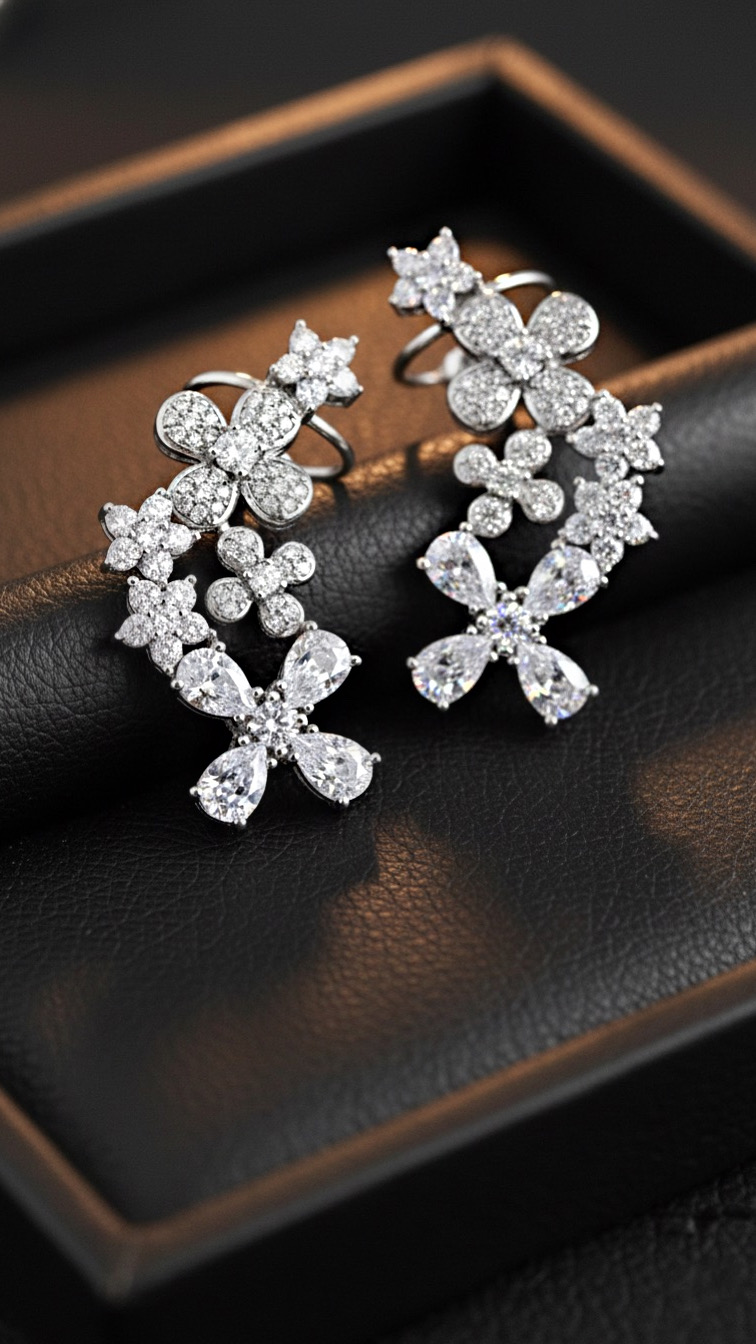 Brinco Ear Cuff Flores Zircônia Prata - by Olivia