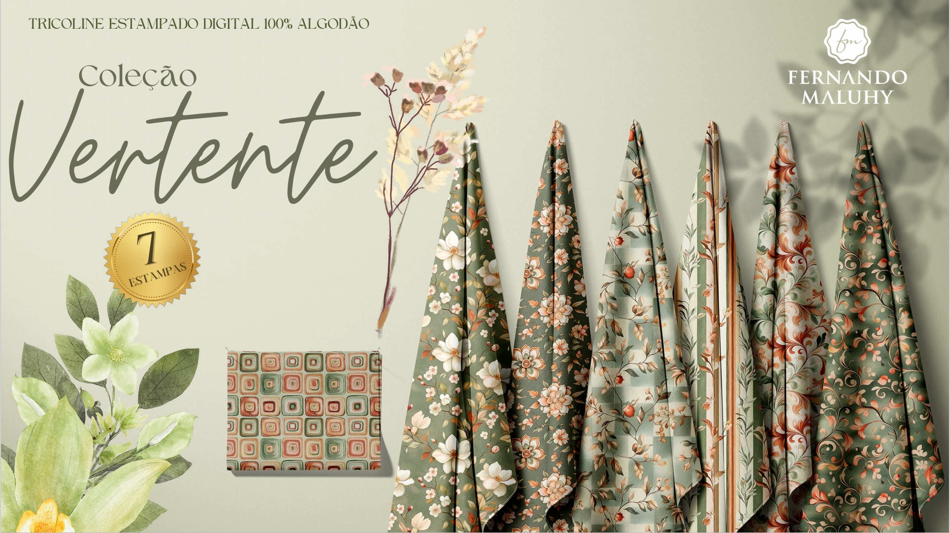 TECIDO TRICOLINE DIGITAL 100%ALGODÃO ESTAMPADO FOLHAS C/ FUNDO XADREZ ...