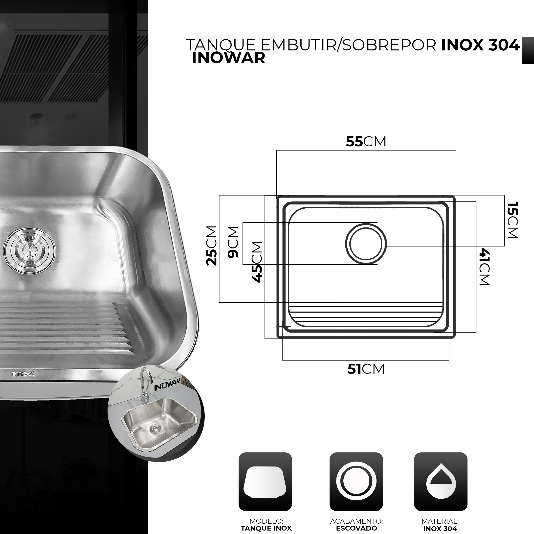 Tanque Sobrepor Ou Embutir Lavar Roupa Inox 304 Lavanderia - INOWAR