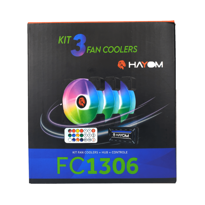KIT CONTROLADORA 3 FANS COOLERS RGB 12X12CM FC1306 HAYOM - Vidacom
